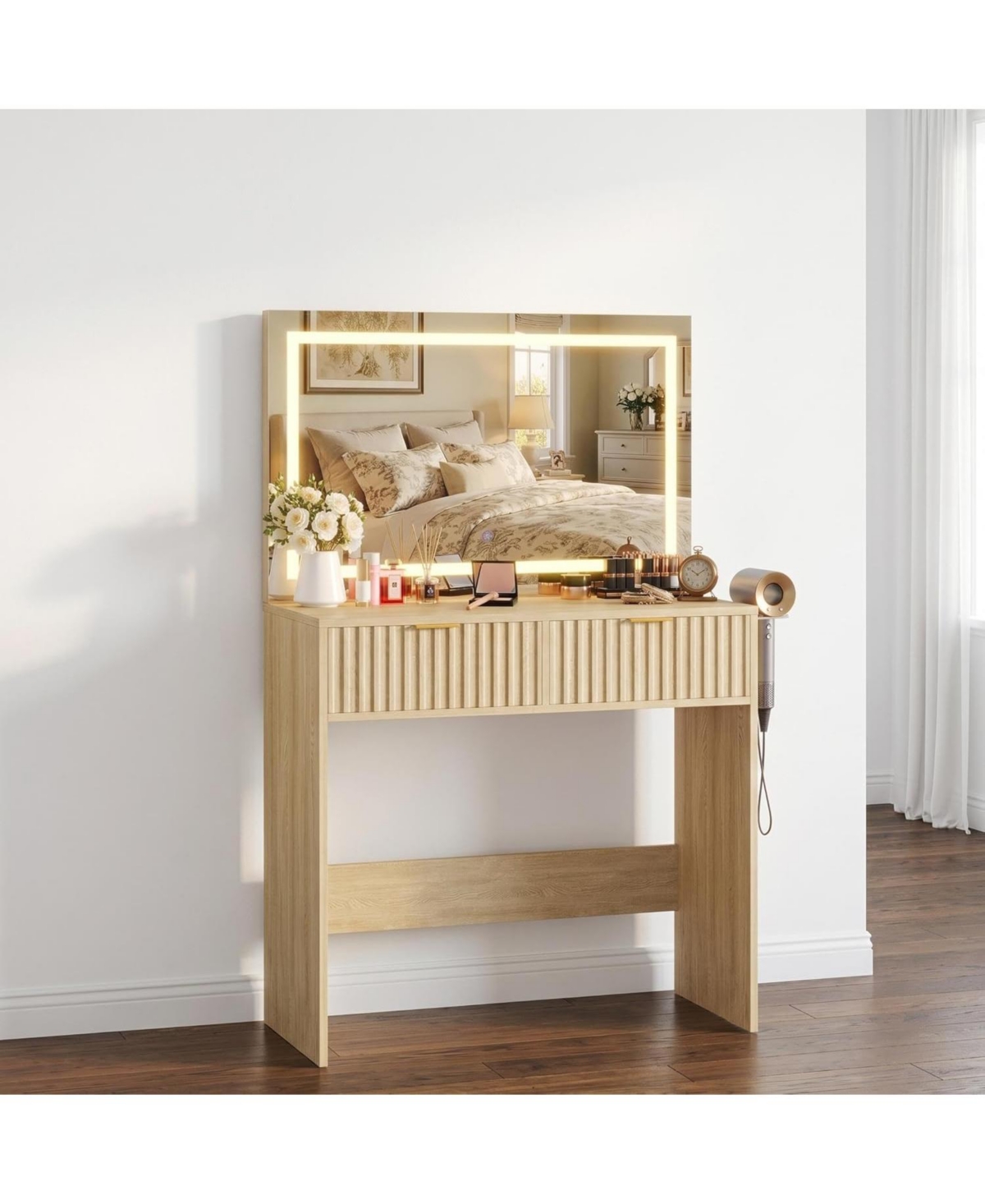 Click here for gaomon Natural Wood Vanity Table with Led Mirror a... prices