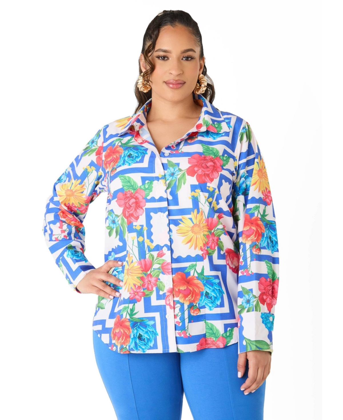 Click here for Ashley Stewart Womens Floral Print Collared Shirt... prices