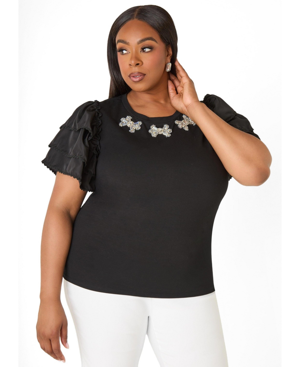 Click here for Ashley Stewart Plus Size Ruffled Embellished Jerse... prices