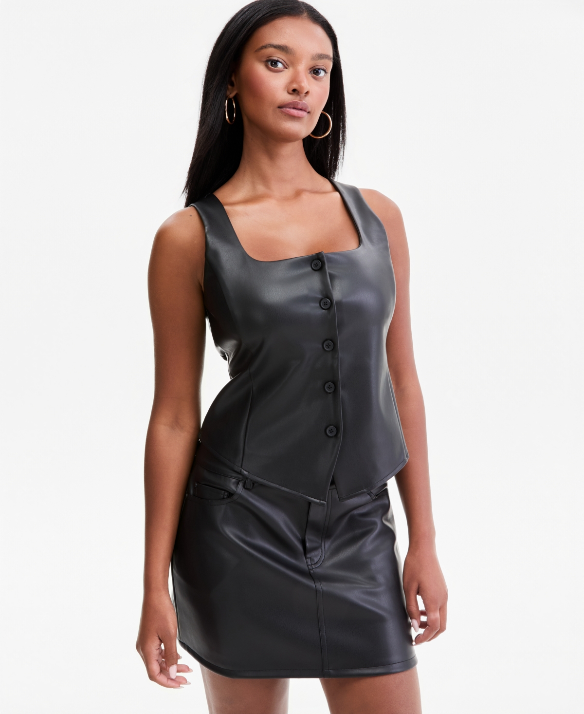 Click here for Bar Iii Womens Faux-Leather Scoop-Neck Button-Fron... prices