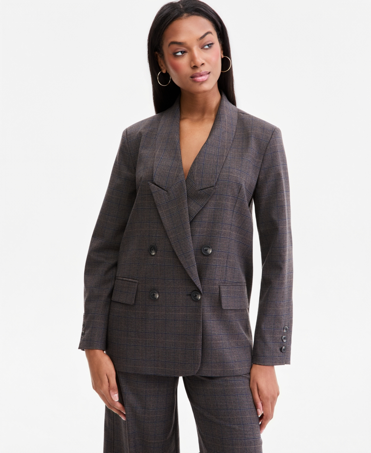 Click here for Bar Iii Womens Plaid Peak-Lapel Double-Breasted Bl... prices