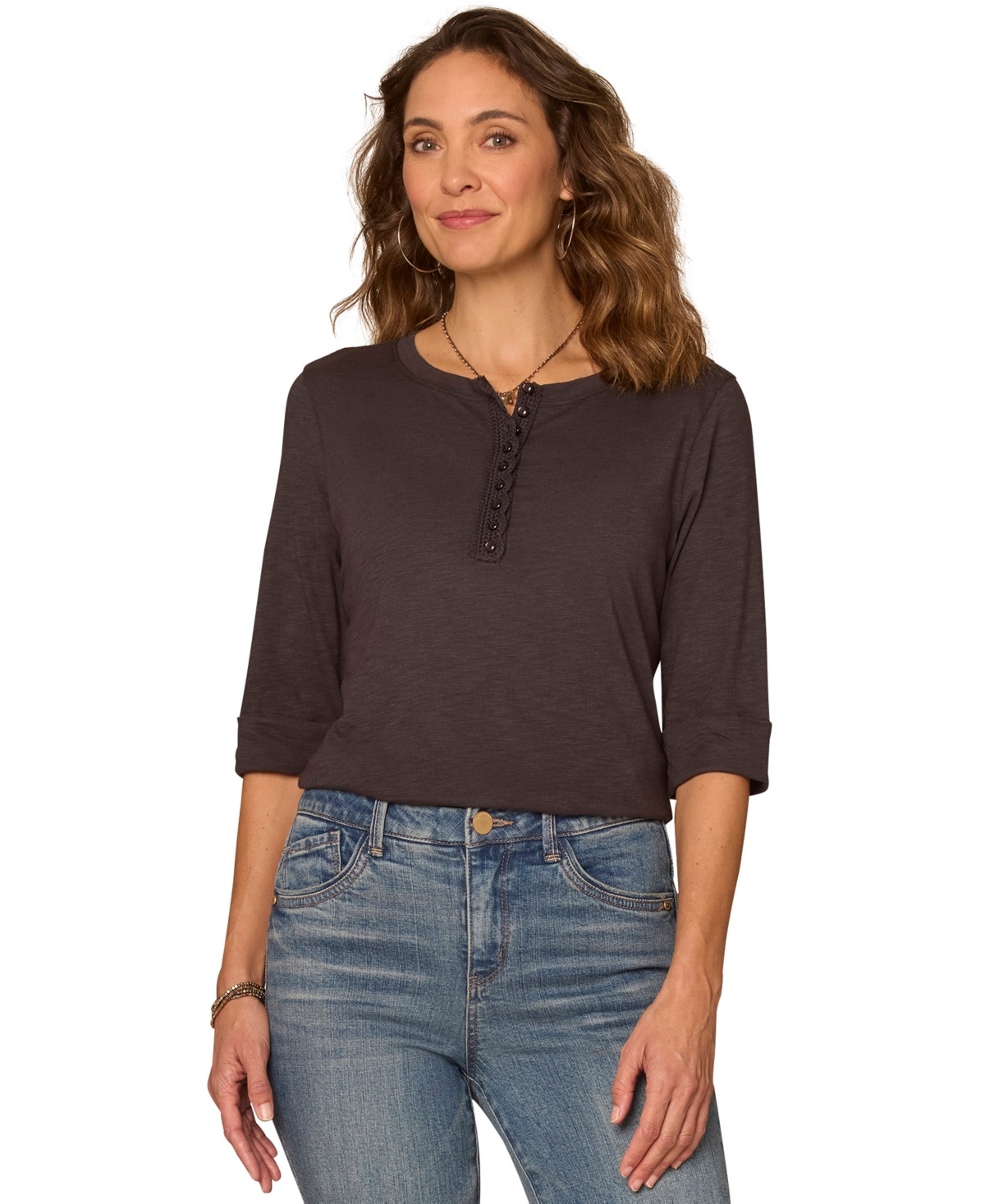 Click here for Democracy Petite Henley Neck Pull-On Knit Top - Da... prices