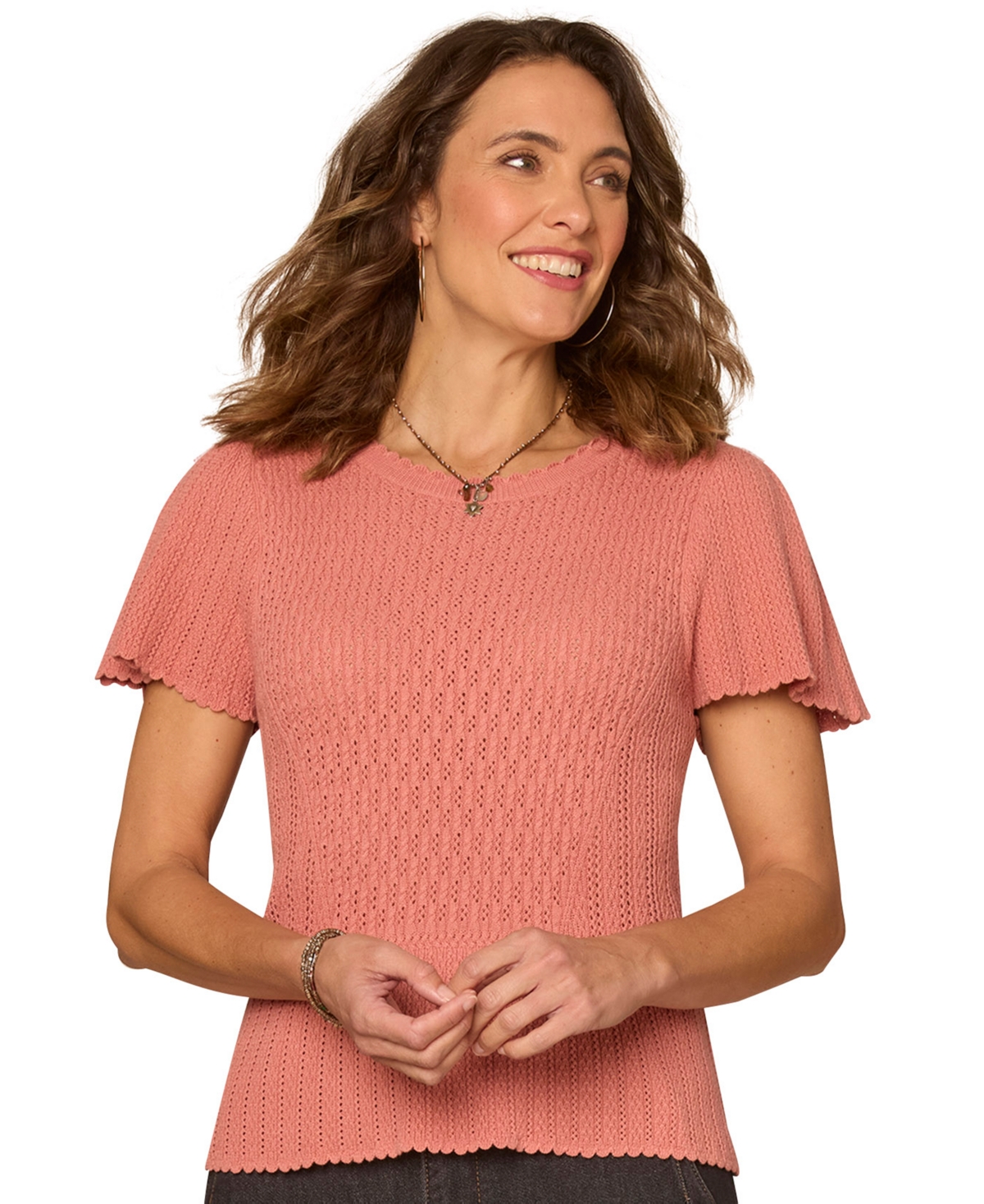 Click here for Democracy Petite Flounce Crochet Round Neck Sweate... prices