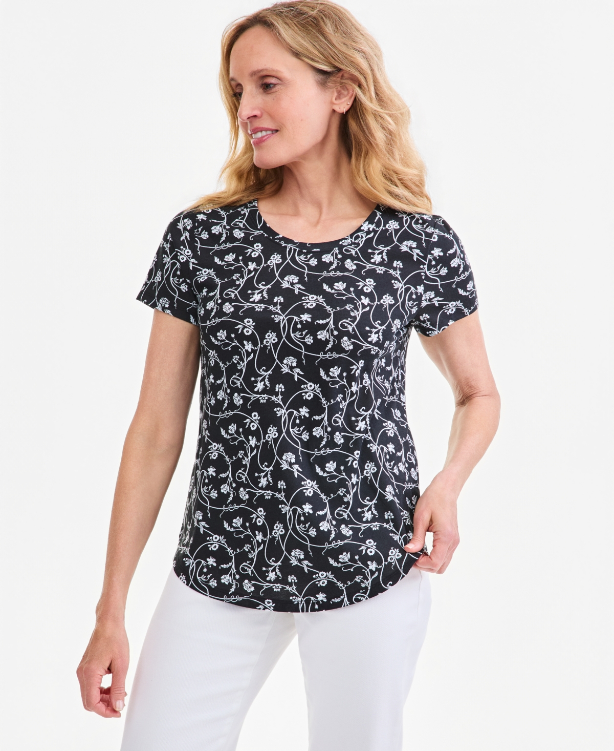 Click here for Style & Co Womens Vine Flora Curved-Hem T-Shirt  M... prices