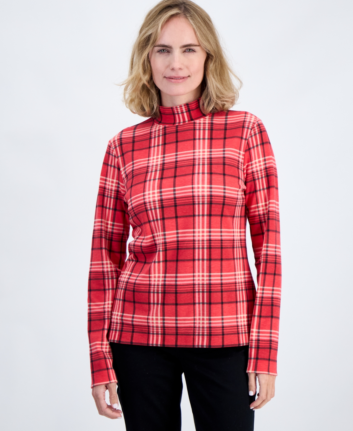 Click here for Style & Co Petite Plaid Long-Sleeve Mock Neck Top... prices