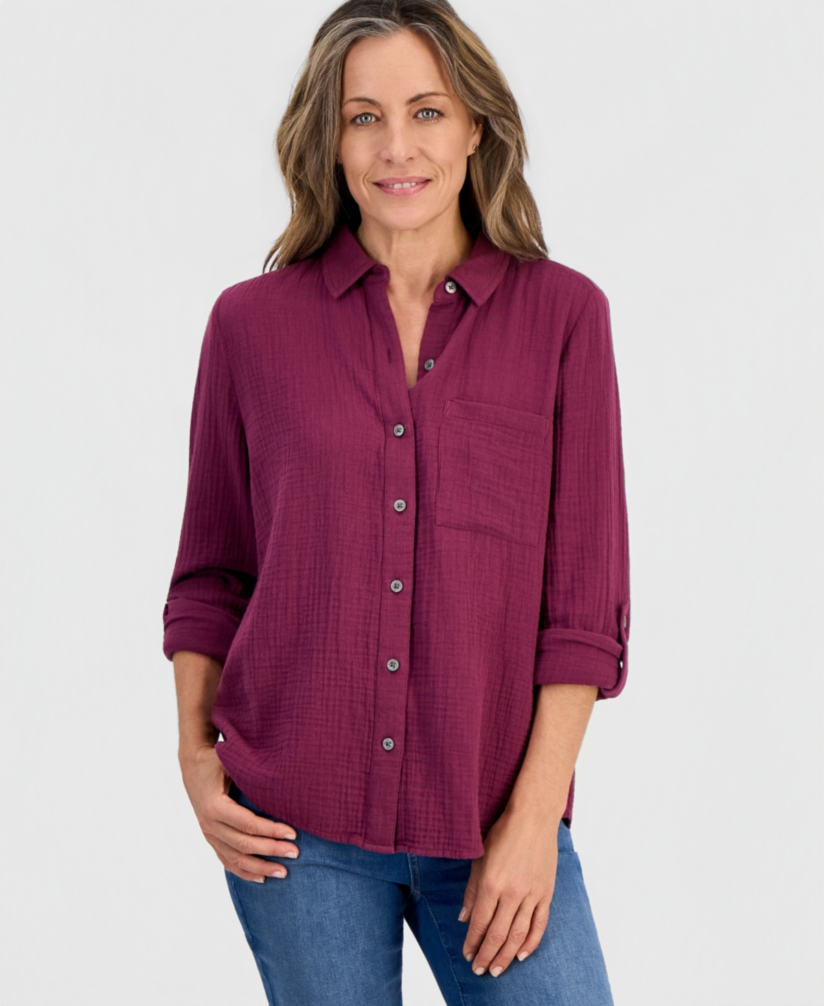 Click here for Style & Co Petite Perfect Button-Front Roll-Tab Co... prices