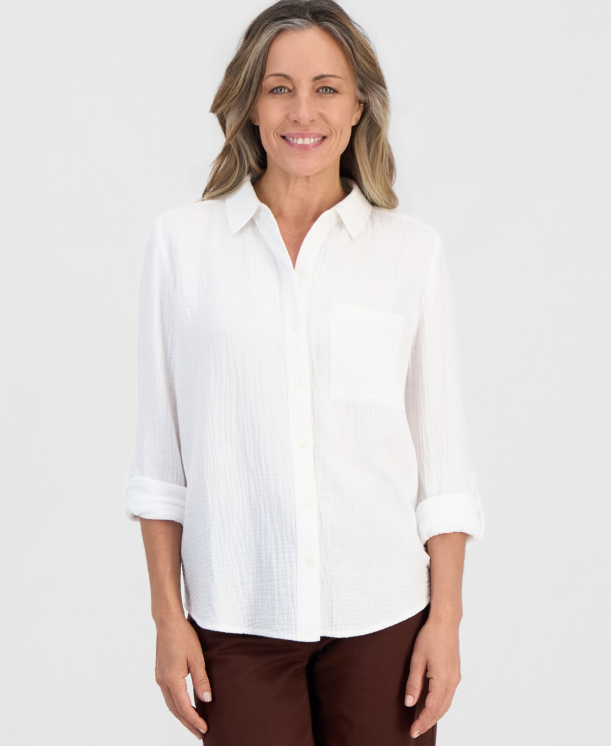 Click here for Style & Co Petite Perfect Button-Front Roll-Tab Co... prices