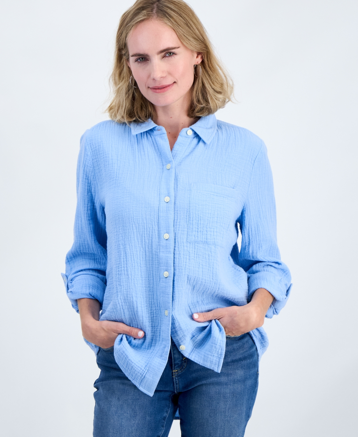 Click here for Style & Co Petite Perfect Button-Front Roll-Tab Co... prices