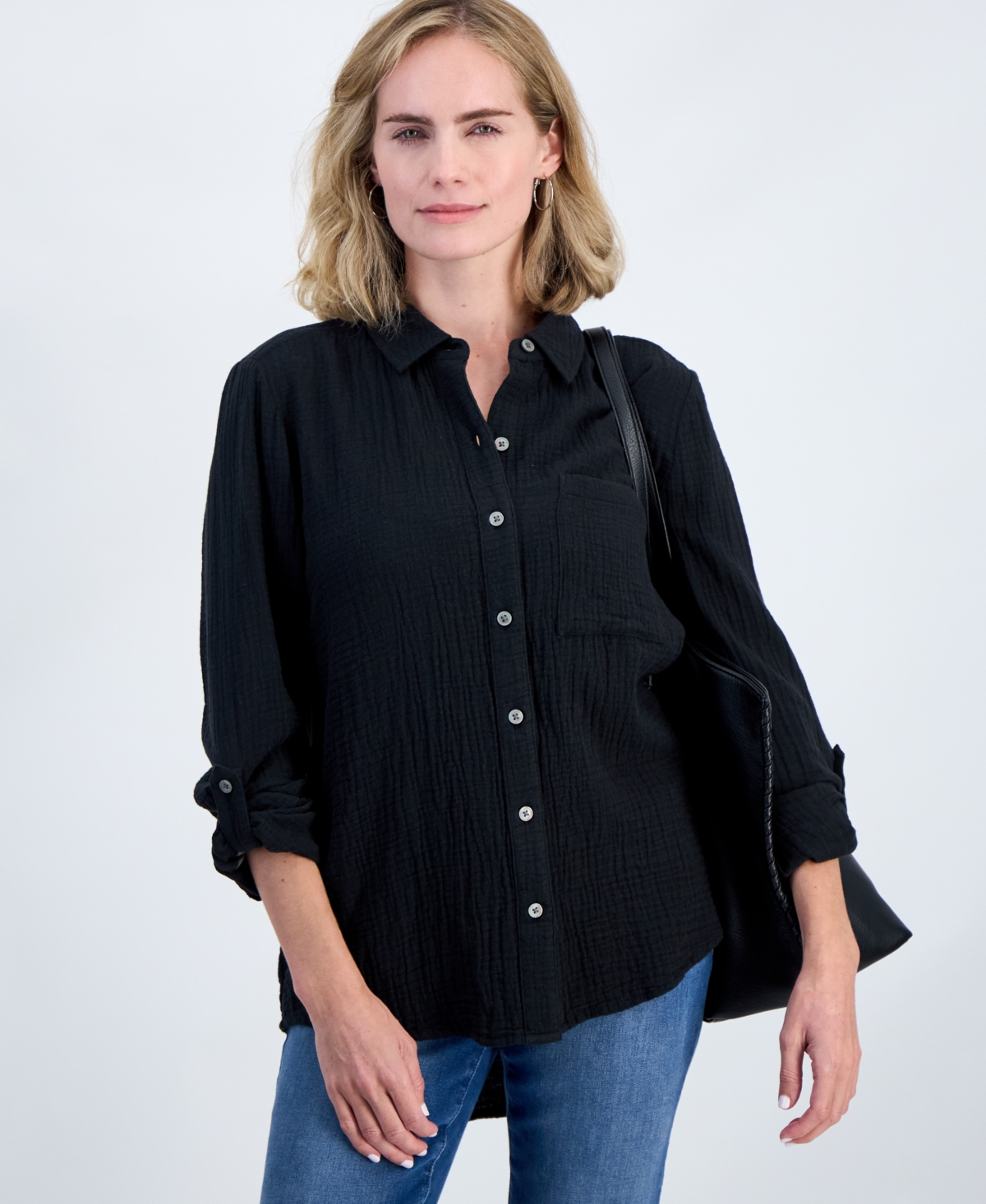 Click here for Style & Co Petite Perfect Button-Front Roll-Tab Co... prices