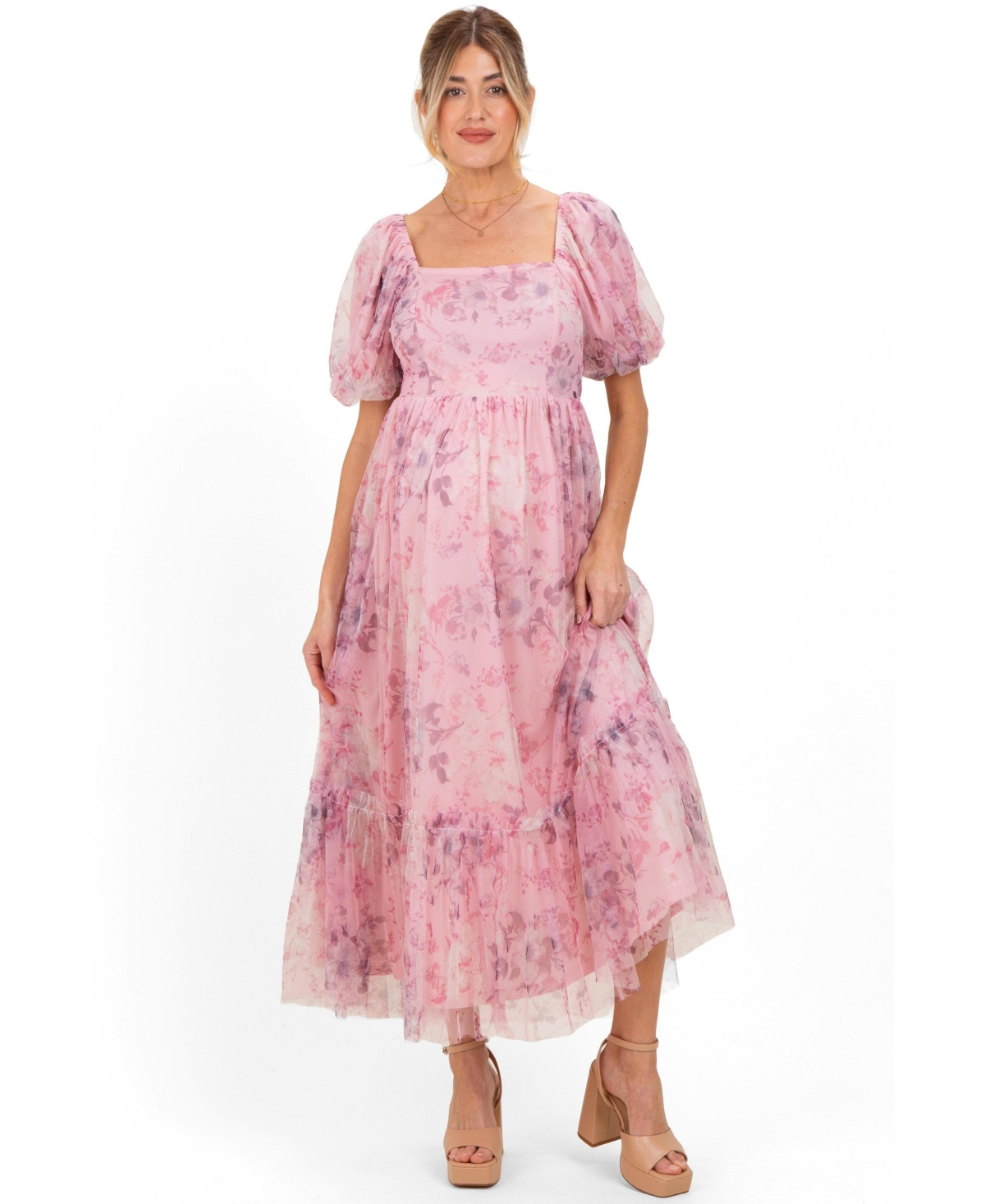 Click here for Pinkblush Womens Pink Floral Printed Tulle Puff Sl... prices