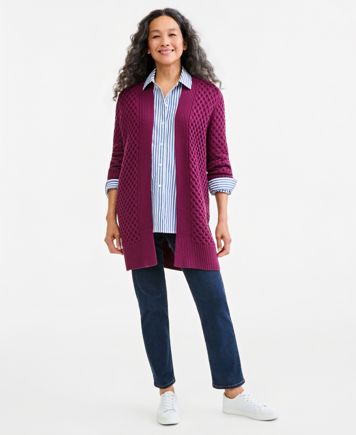 Click here for Style & Co Petite Honeycomb-Knit Open-Front Long C... prices