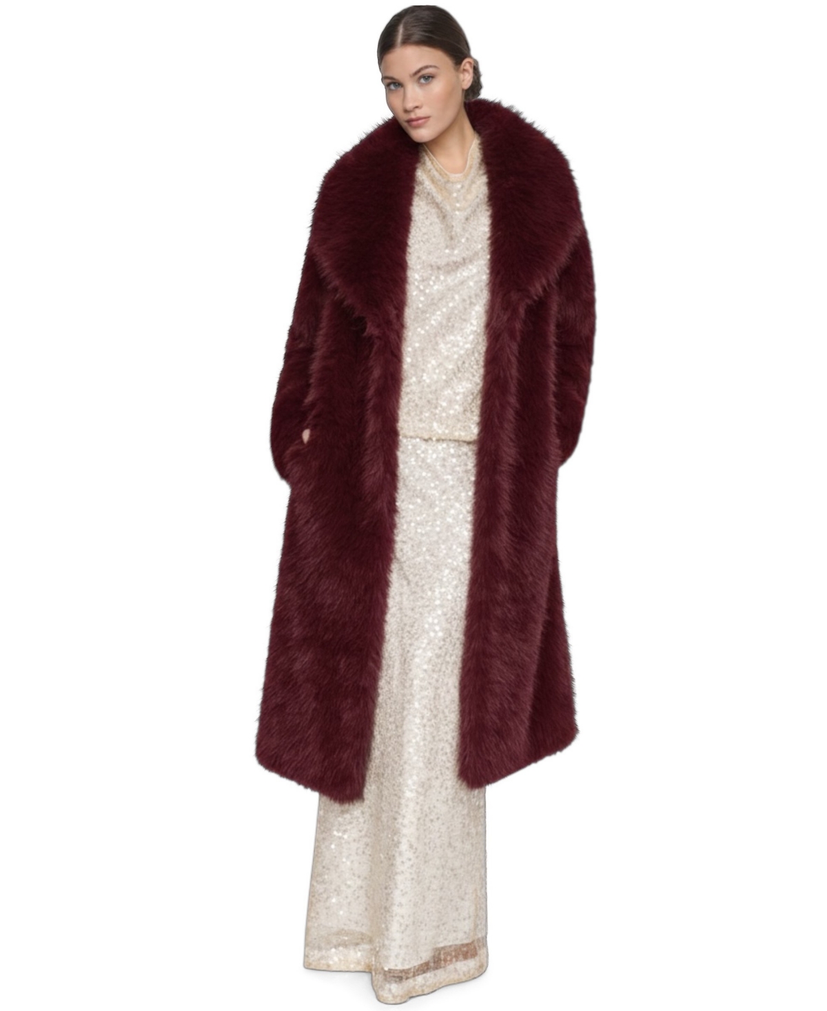 Click here for Halston Womens Collared Faux Fur Coat - Wine prices
