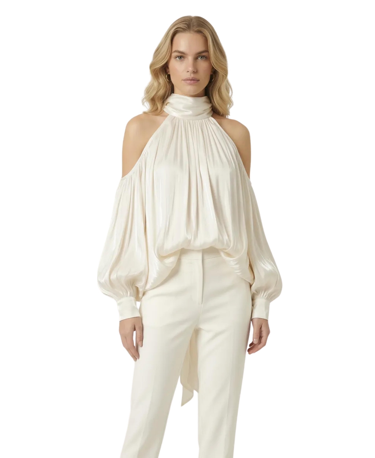 Click here for Modenaire Womens High-Neck Cold-Shoulder Draped Bl... prices