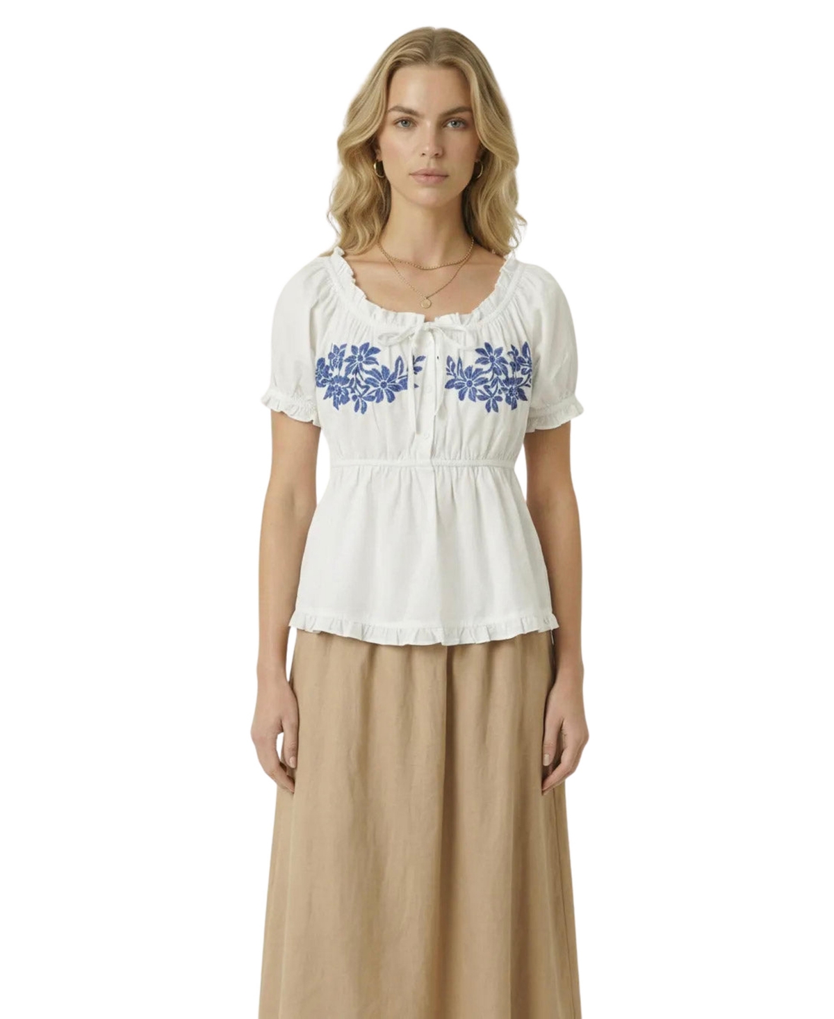 Click here for Modenaire Womens Embroidered Peplum Ruffle-Trim Bl... prices