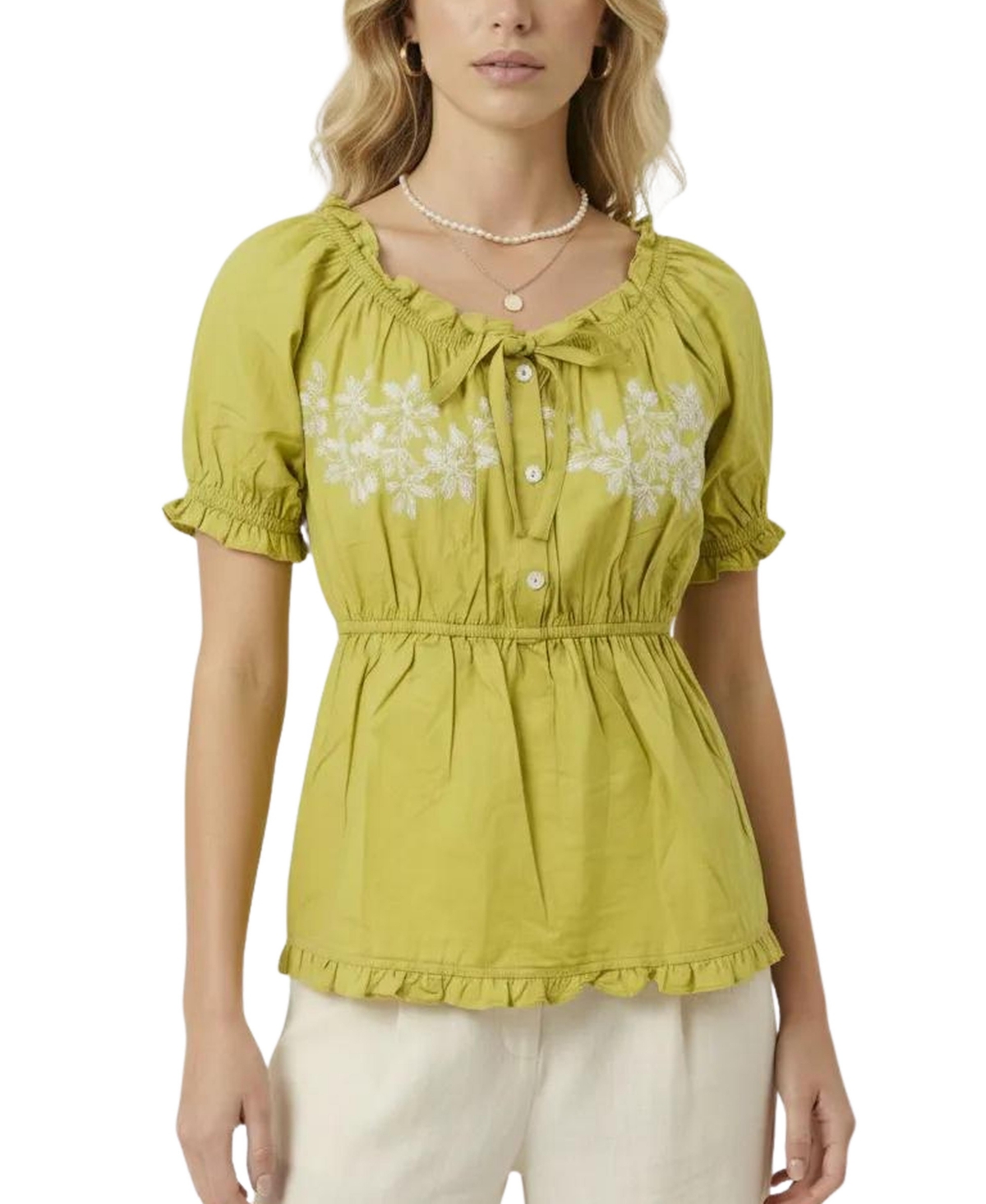 Click here for Modenaire Womens Embroidered Peplum Ruffle-Trim Bl... prices