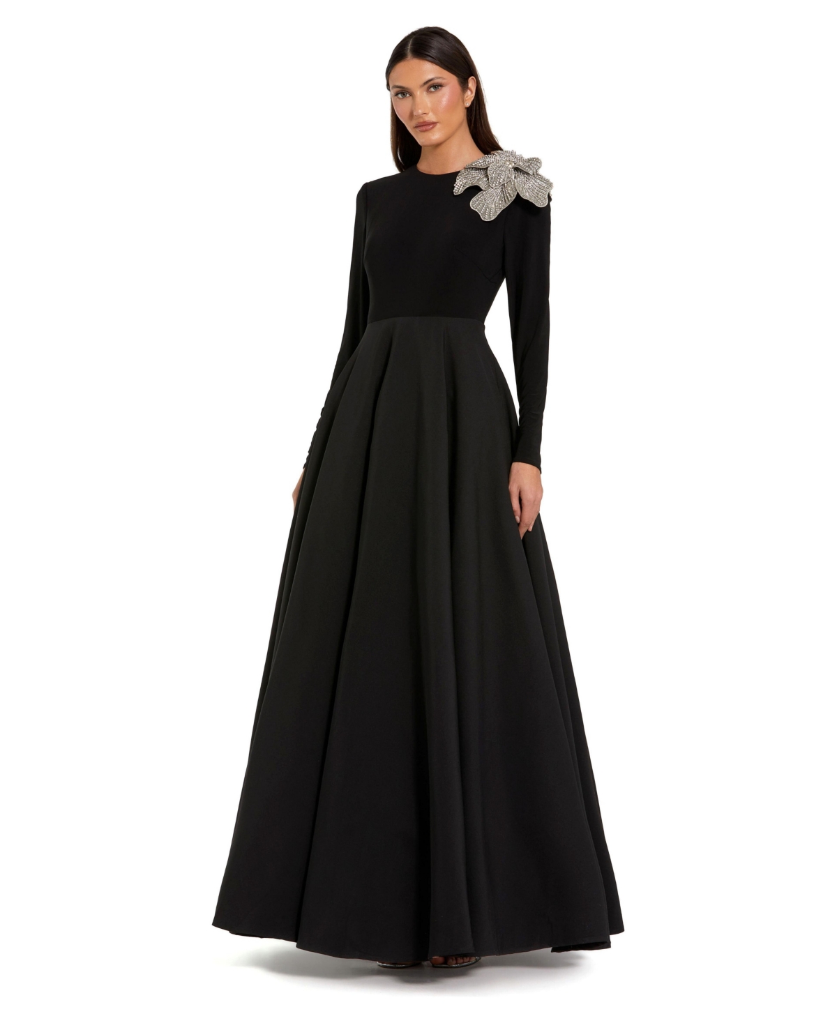 Click here for Mac Duggal Petite Long Sleeve Taffeta 3D Flower Ba... prices