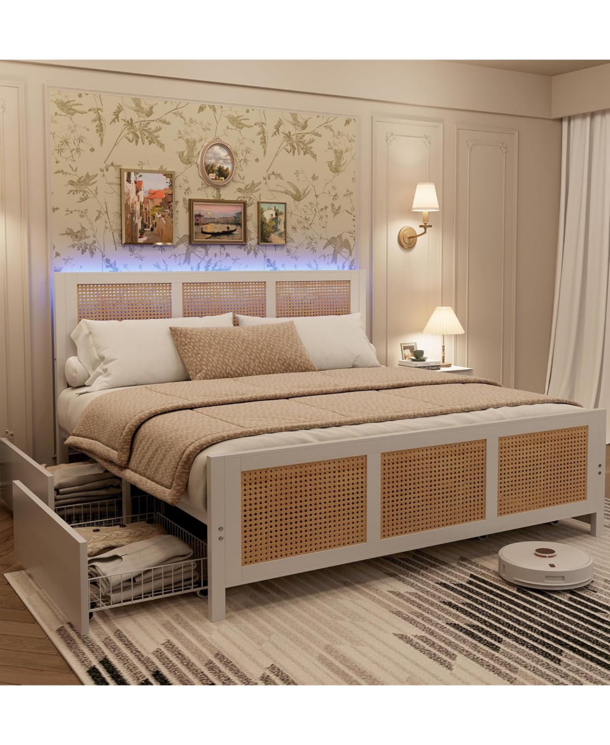 Click here for gaomon Rattan Storage Bed- Led Lights 4 Drawers Wo... prices