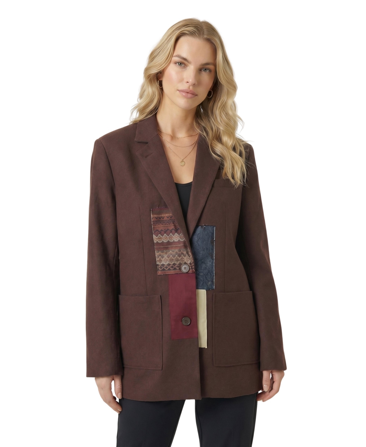 Click here for Modenaire Womens Patchwork Detail Notched-Lapel Bl... prices