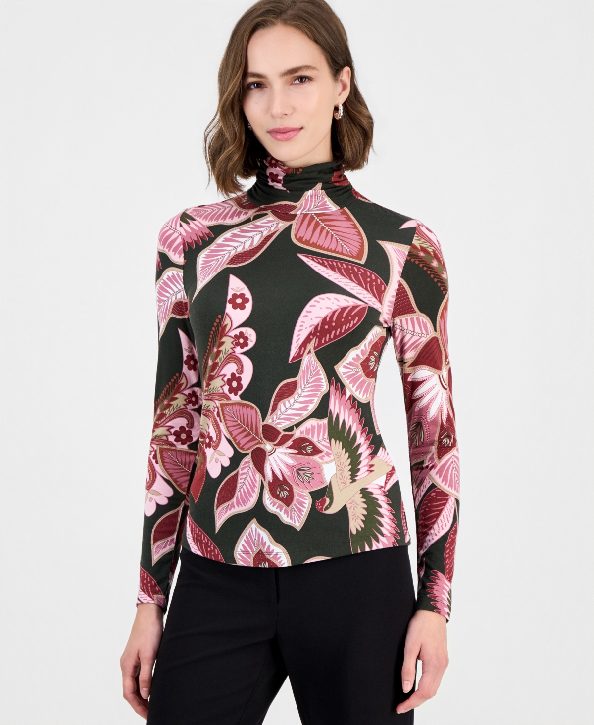 Click here for T Tahari Womens Floral Mock-Neck Back-Zip Blouse -... prices