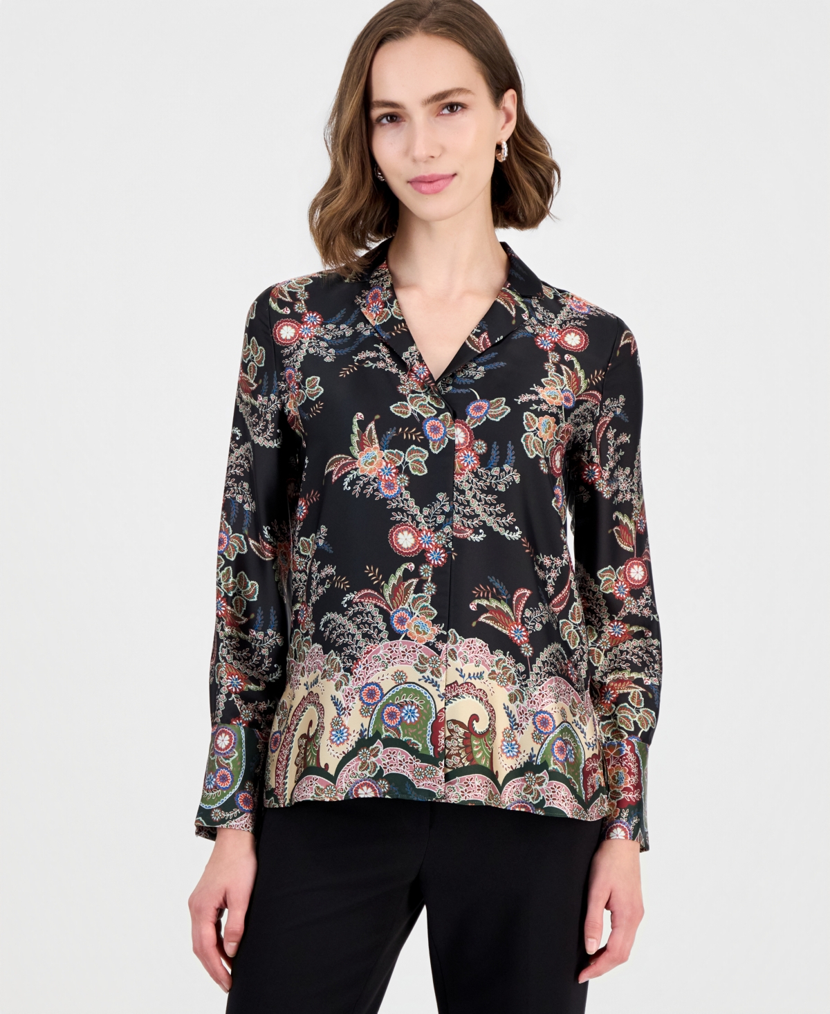 Click here for T Tahari Womens Long-Sleeve Split-Collar Paisley-P... prices