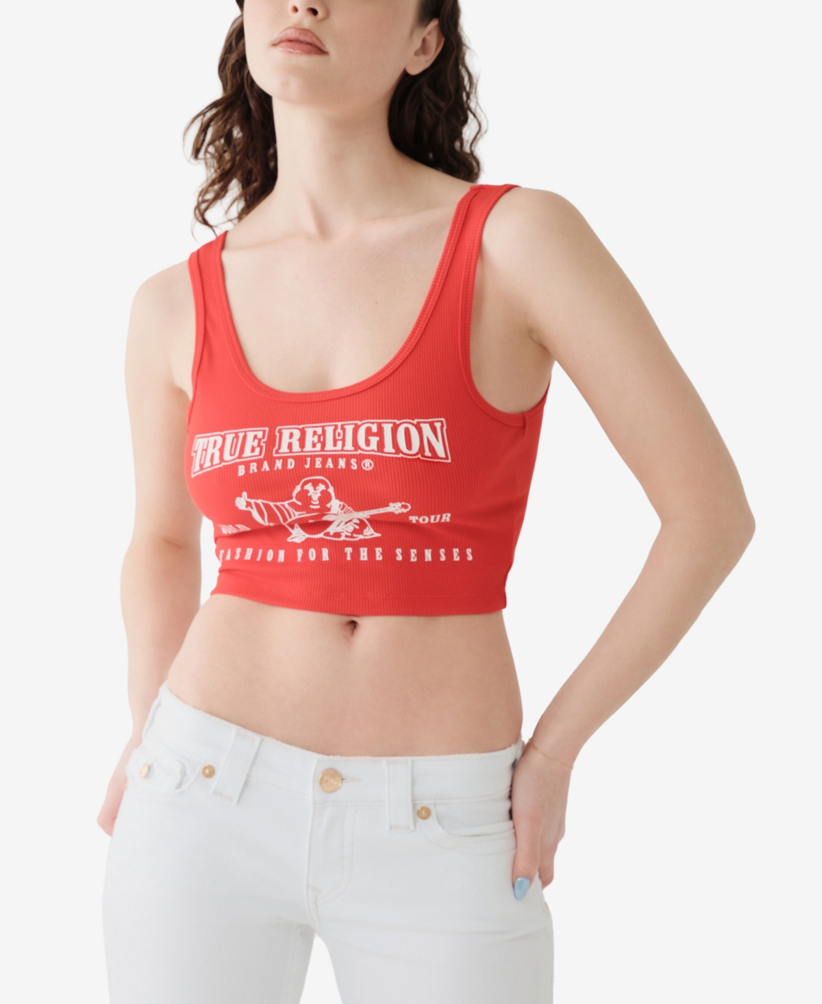 Click here for True Religion Womens Logo Crop Tank Top - Fiery Re... prices