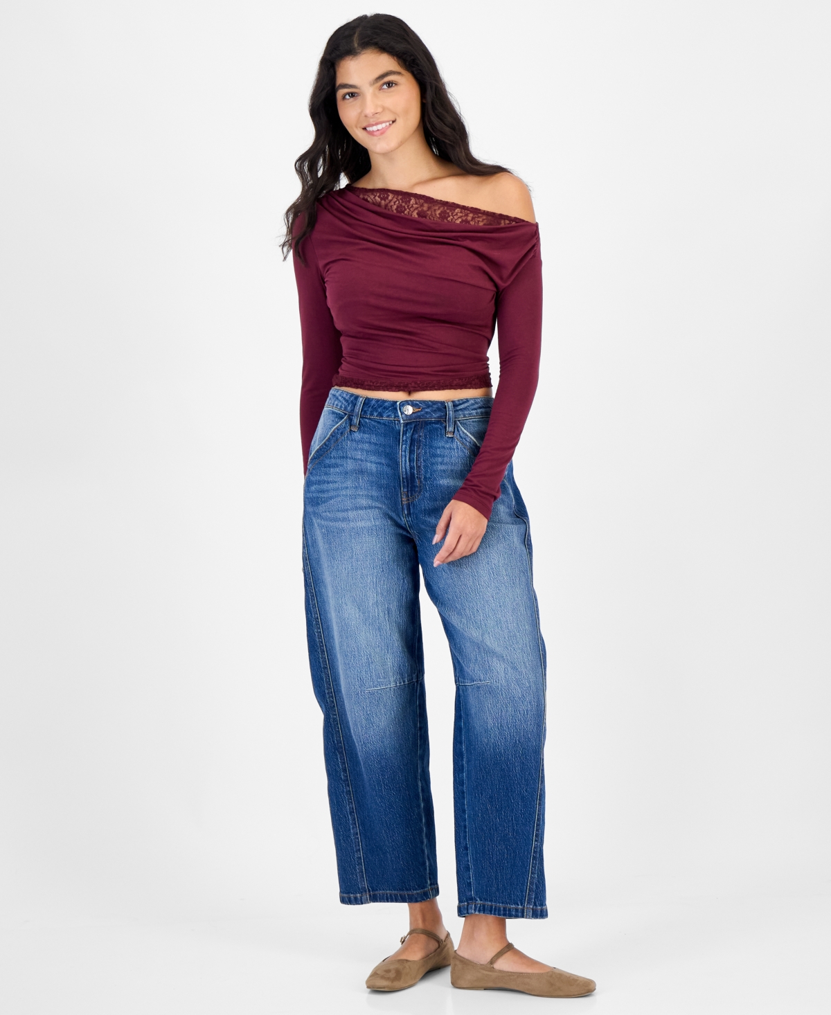 Click here for Celebrity Pink Juniors Curved Seams Barrel-Leg Jea... prices