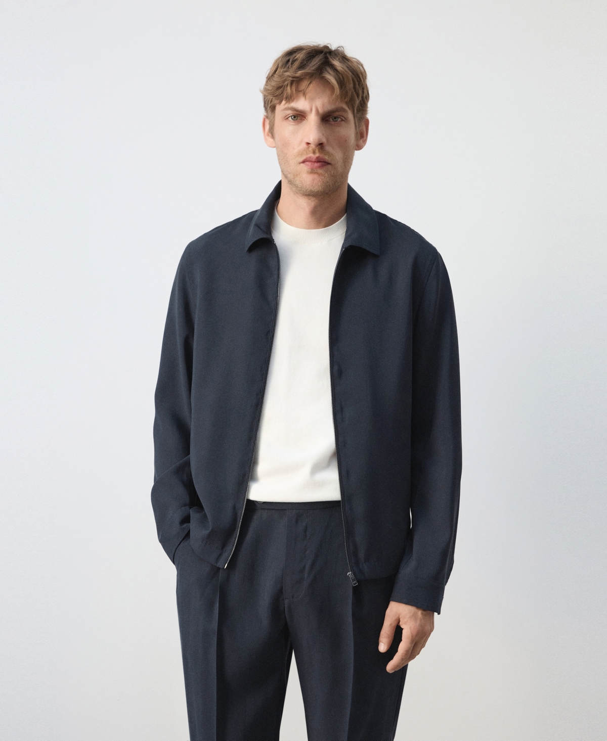 Click here for Mango Mens Zip-Up Modal Jacket - Navy prices