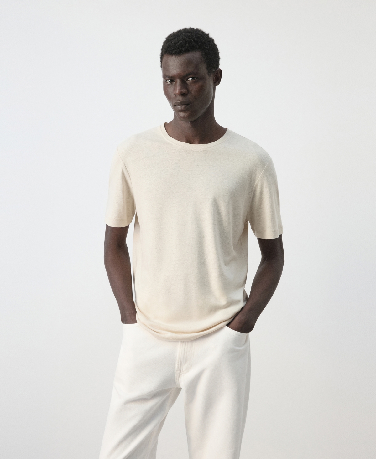 Click here for Mango Mens Slim-Fit Linen-Blend T-Shirt - Ivory Wh... prices