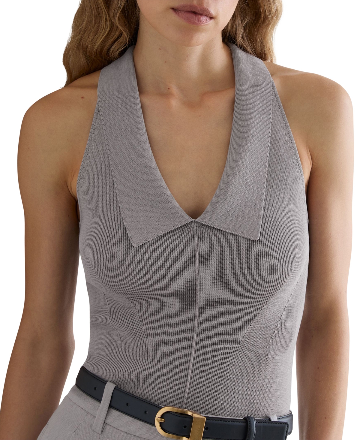 Click here for Reiss Womens Vera Collared Fine-Ribbing Fitted Ves... prices