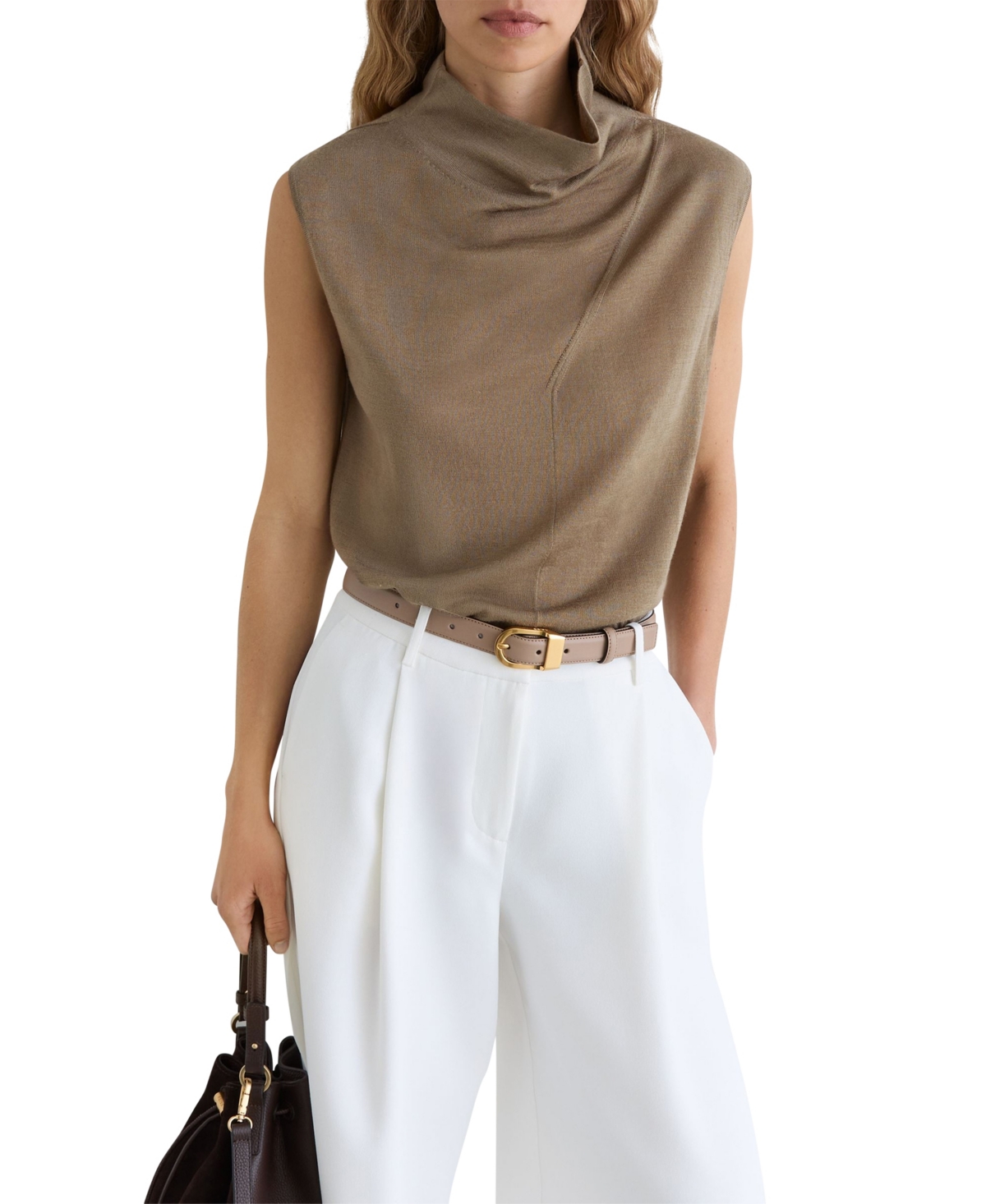 Click here for Reiss Womens Honey Wool Funnel-Neck Sleeveless Kni... prices