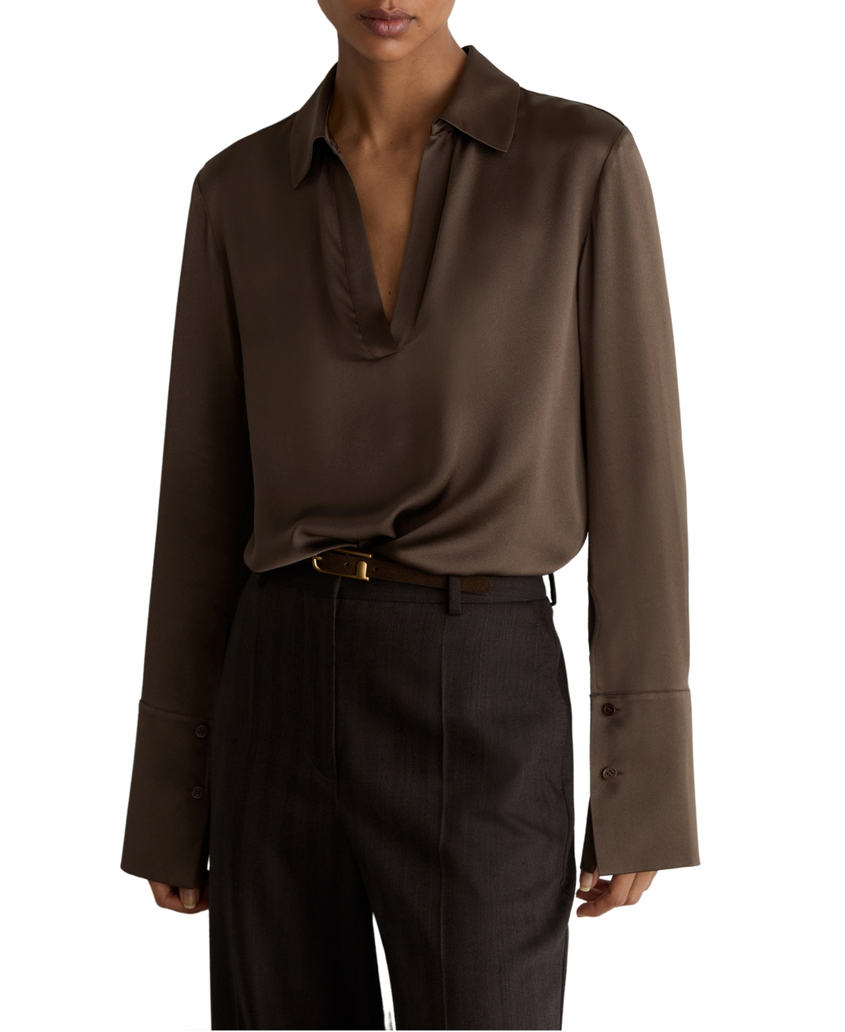 Click here for Reiss Womens Marina Silk Open-Collar Blouse - Moch... prices