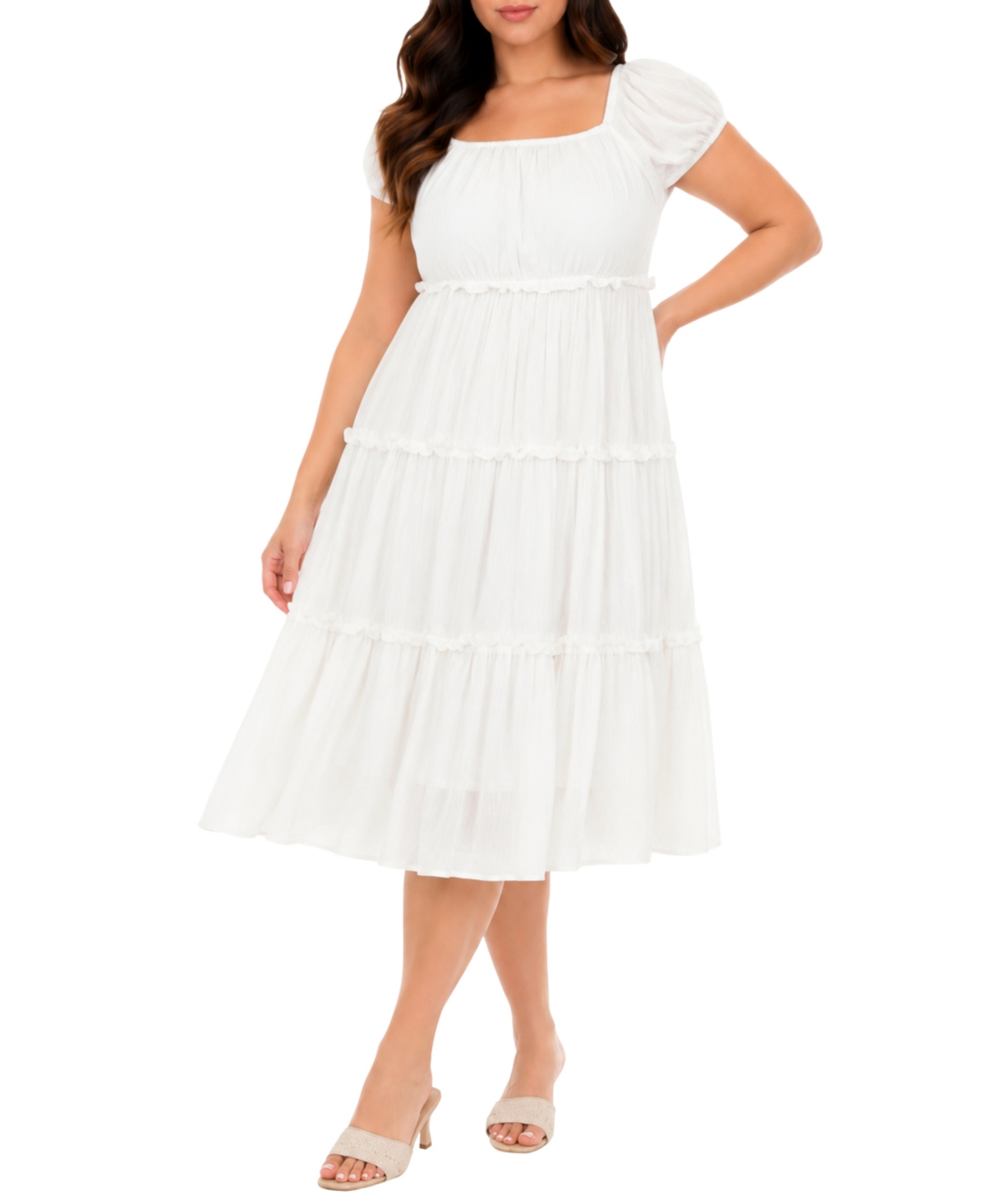 Click here for White Mark Plus Size Pleated Tiered Puff Sleeve Mi... prices