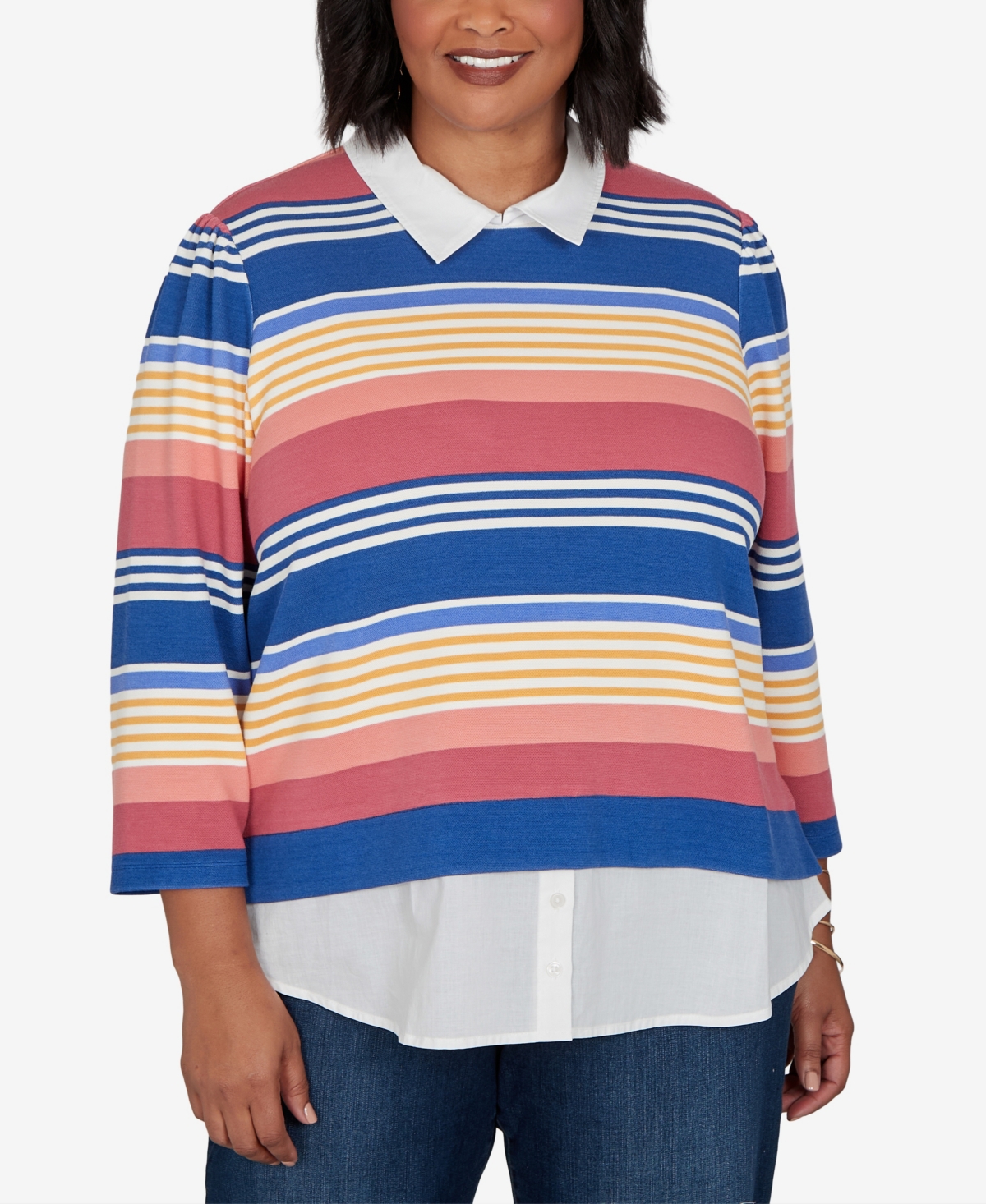 Click here for Ruby Rd. Plus Size Layered Collar Striped Knit Top... prices