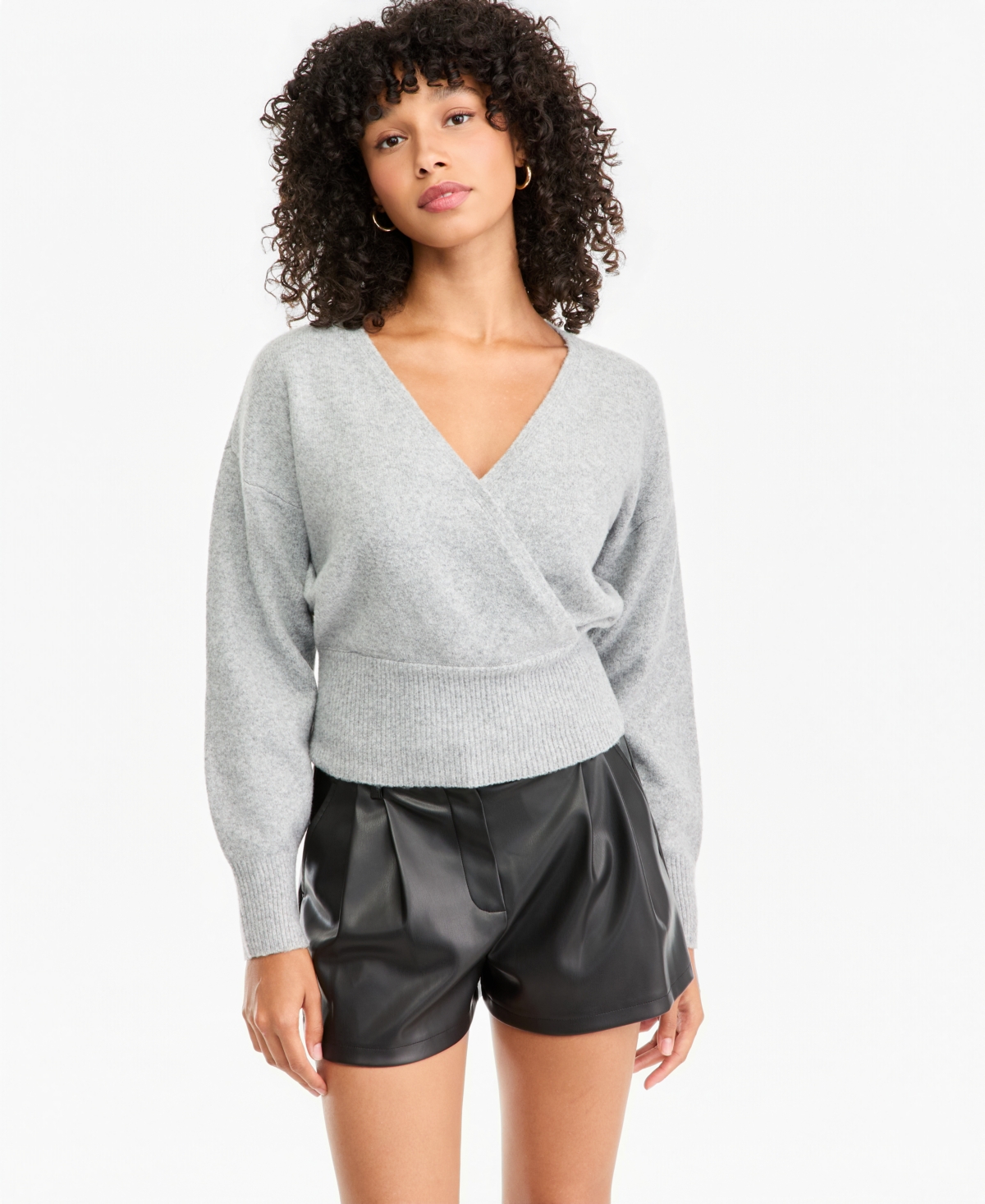 Click here for Bar Iii Womens Sculpted Surplice Long-Sleeve Ribbe... prices