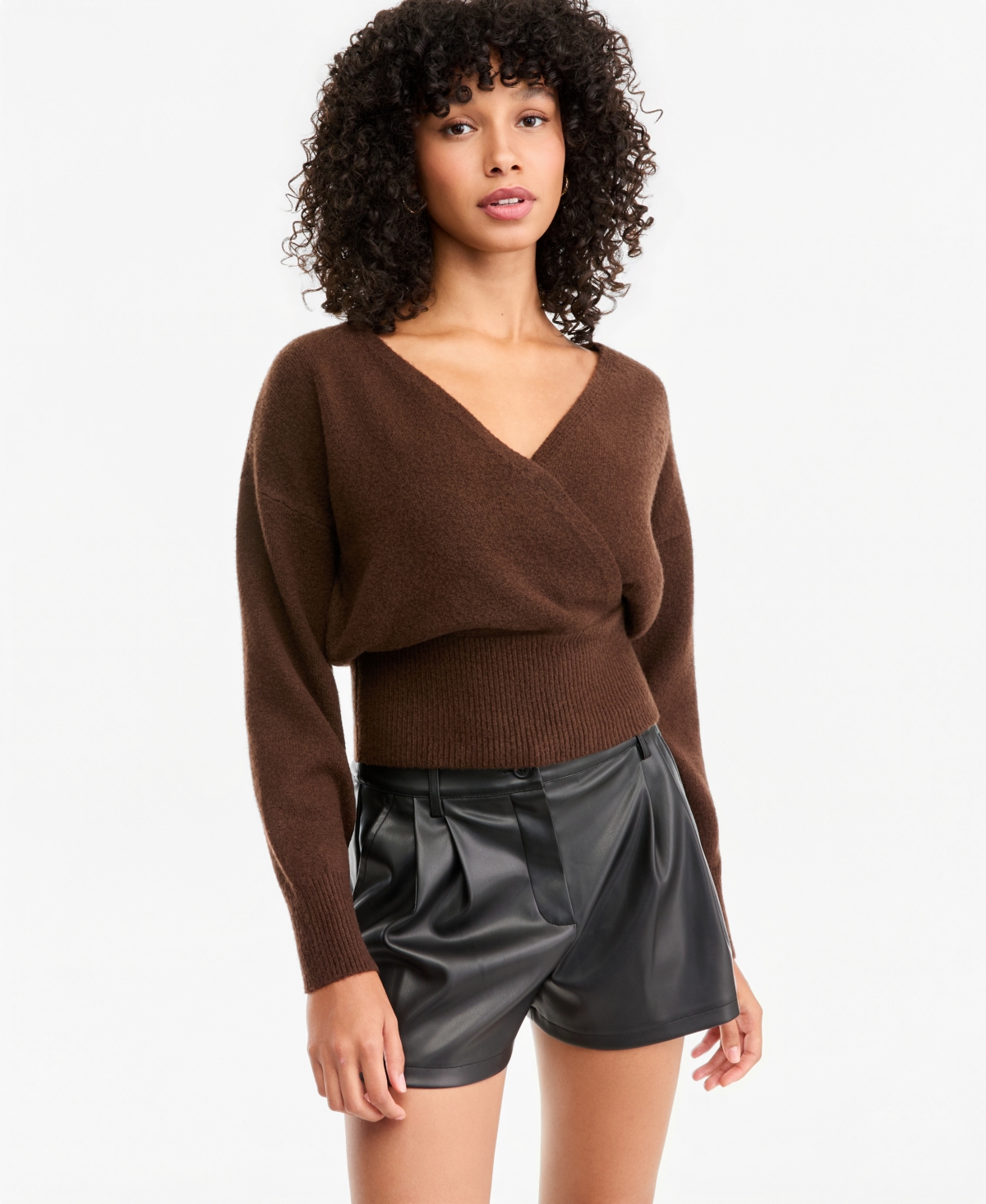 Click here for Bar Iii Womens Sculpted Surplice Long-Sleeve Ribbe... prices