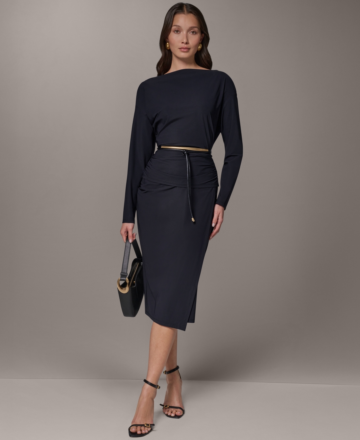 Click here for Two-Piece Long Sleeve Draped Top & Pencil Skirt Se... prices