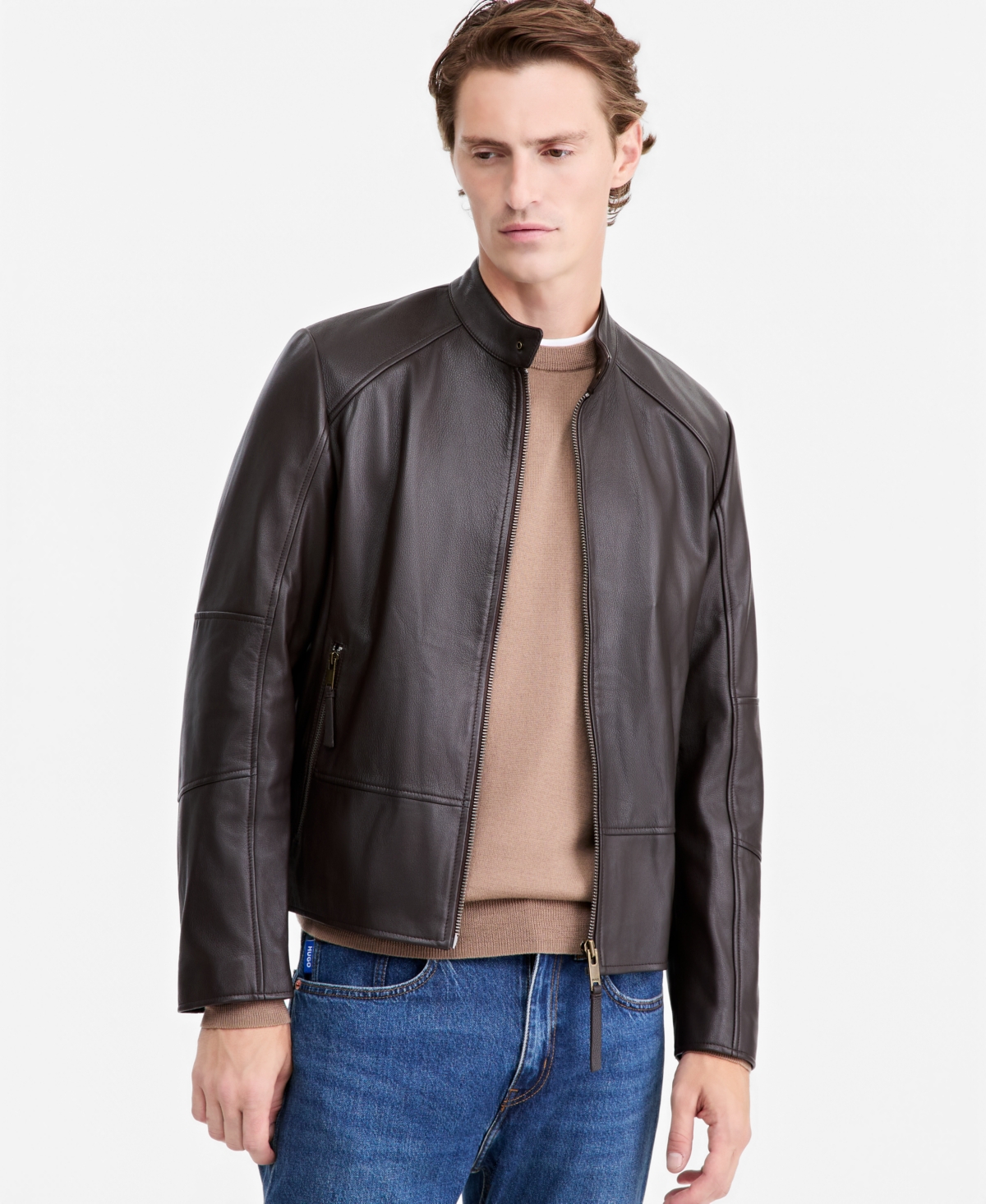 Click here for Hugo Boss Mens Slim-Fit Biker Leather Jacket - Bro... prices