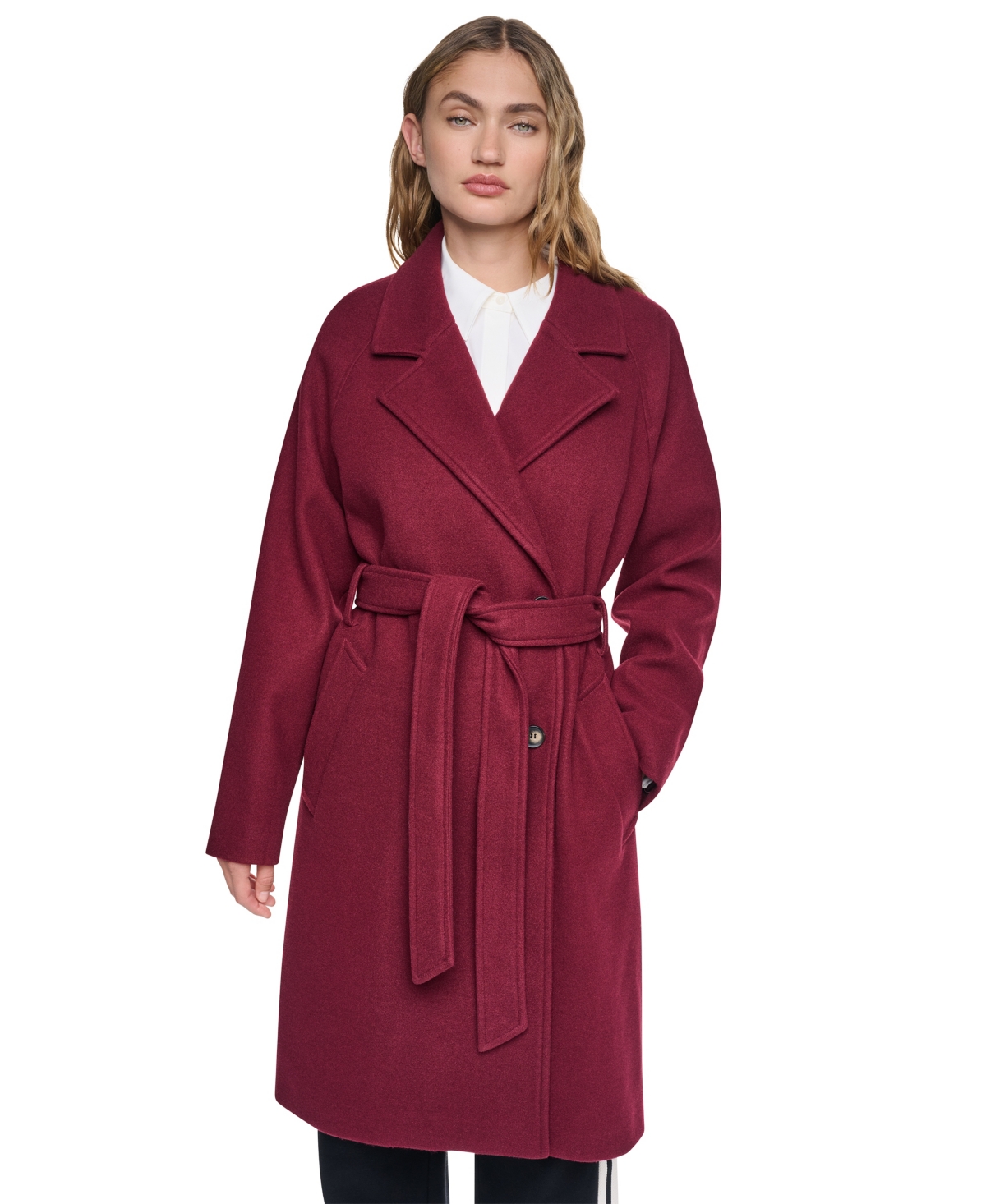 Click here for Dkny Womens Belted Notch Collar Coat - Bordeaux prices