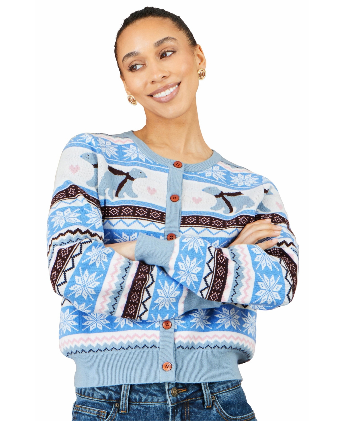 Click here for Yumi Womens Polar Bear Fairisle Cardigan - Blue prices