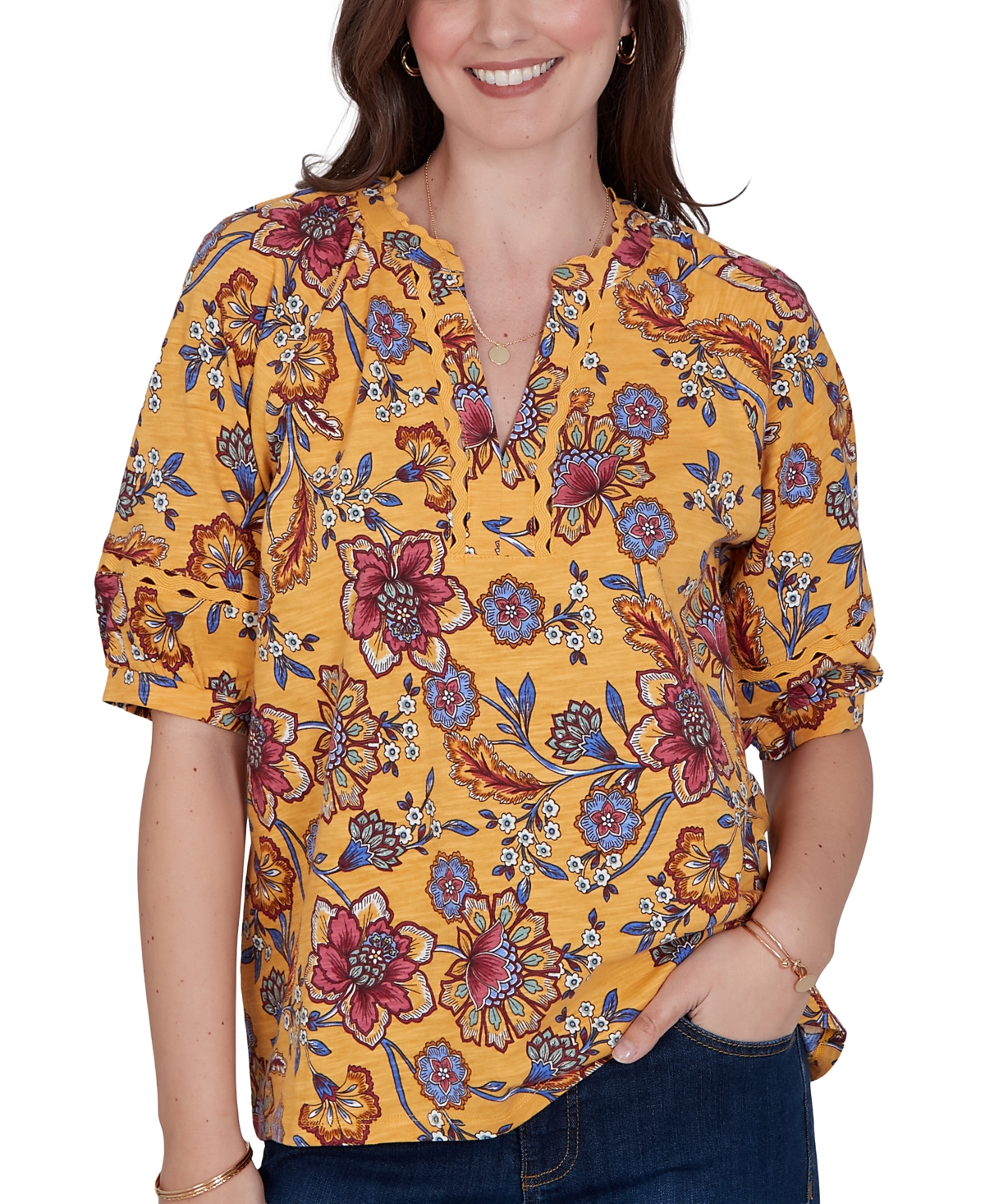 Click here for Ruby Rd. Petite Floral Vines Printed Cotton Knit T... prices