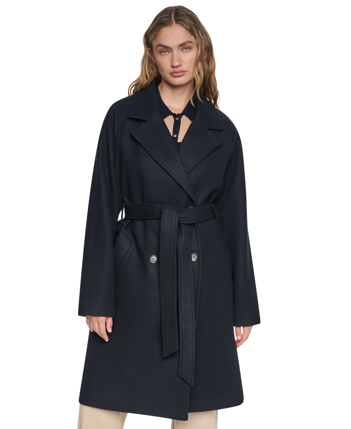 Click here for Dkny Womens Belted Notch Collar Coat - Black prices