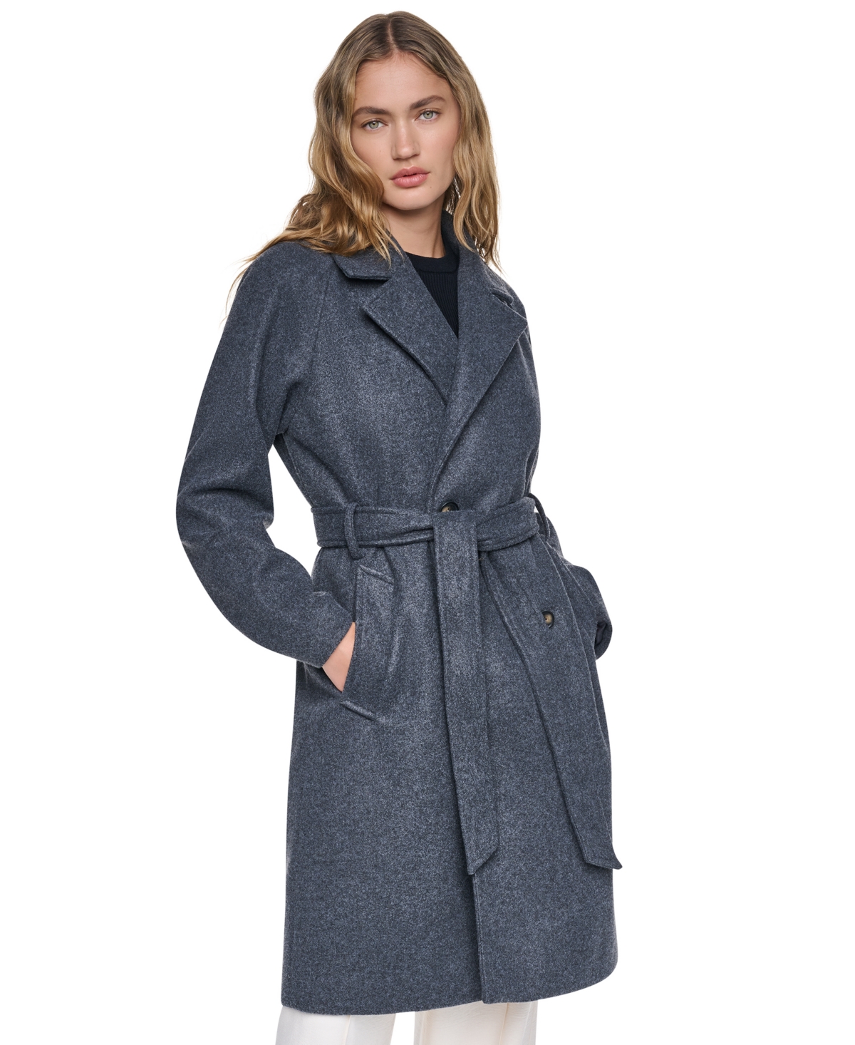 Click here for Dkny Womens Belted Notch Collar Coat - Med Grey prices