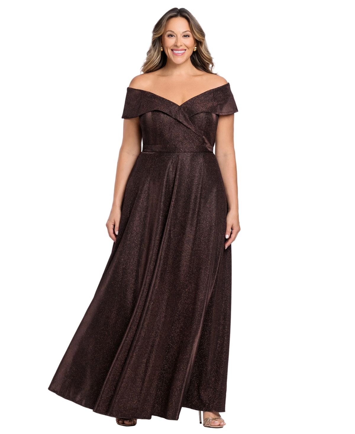 Click here for Xscape Plus Size Off-the-Shoulder Glitter Gown - B... prices
