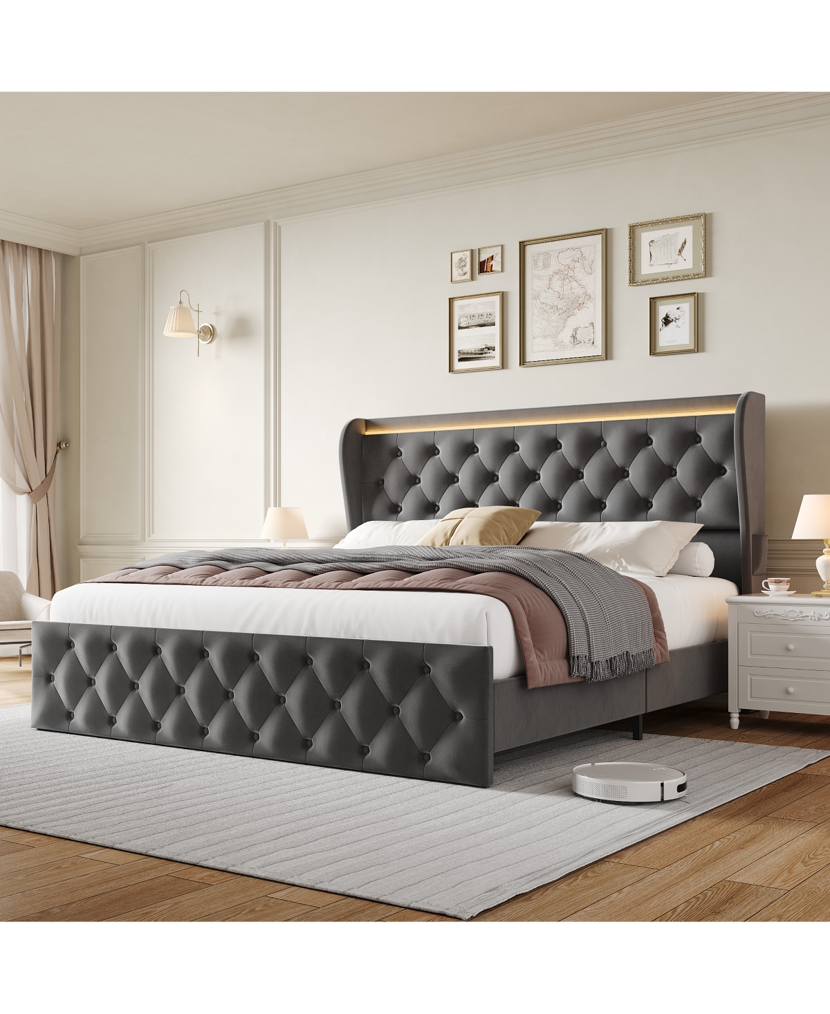 Click here for homfan King Led Bed Frame with Velvet Wingback Hea... prices