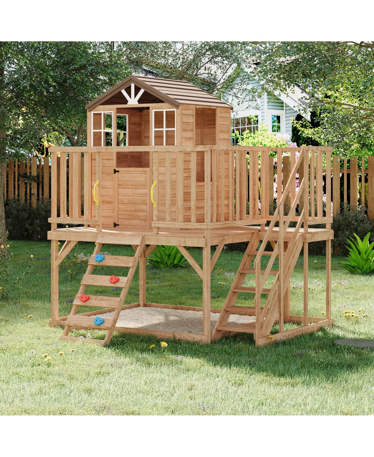Click here for homfan 2 Story Wooden Playhouse  Brown Cedar Outdo... prices
