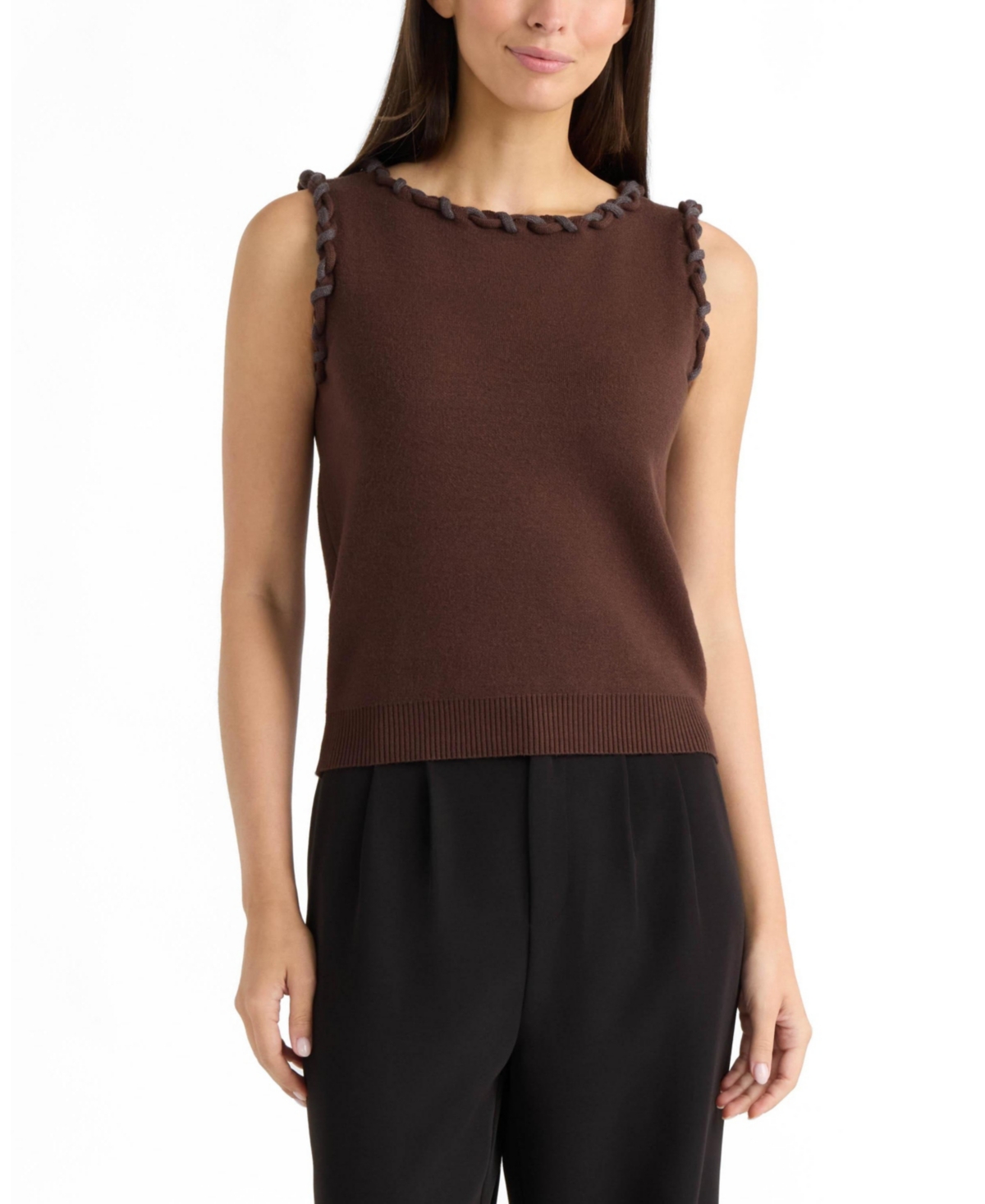 Click here for Ellen Tracy Womens Braided Trim Sleeveless Sweater... prices