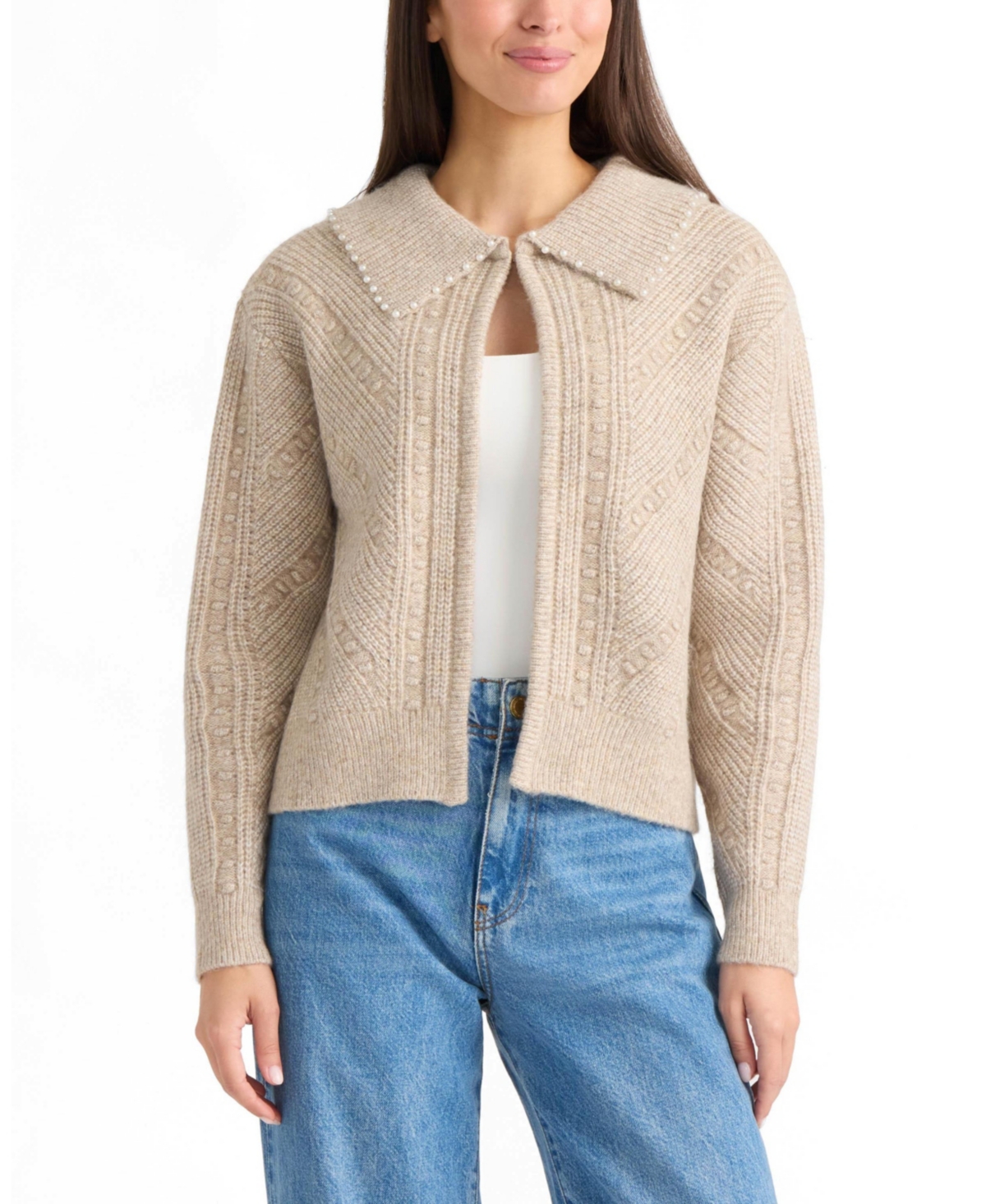 Click here for Ellen Tracy Womens Pearl Trim Cardigan - Brown prices