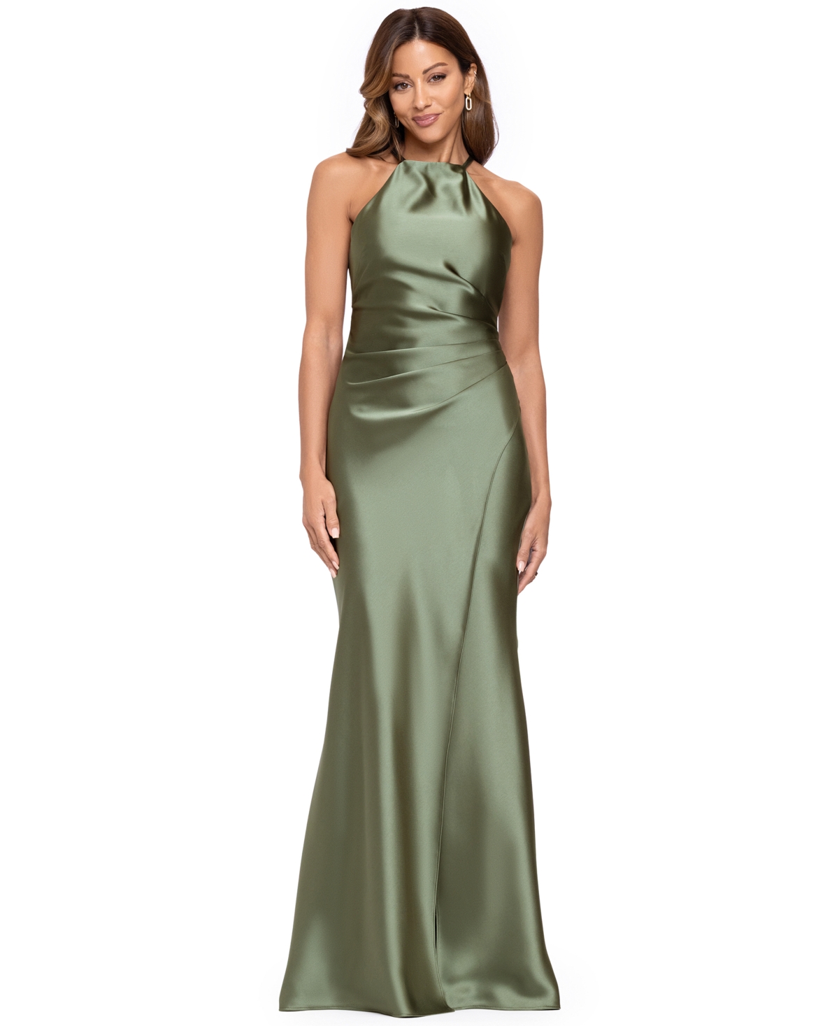 Click here for Xscape Womens Long Satin High Neck Dress - Olive prices
