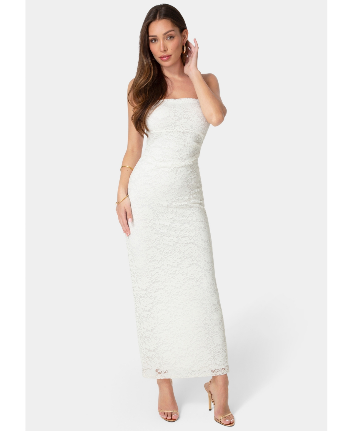 Click here for Bebe Womens Lace Strapless Maxi Dress - Ivory prices
