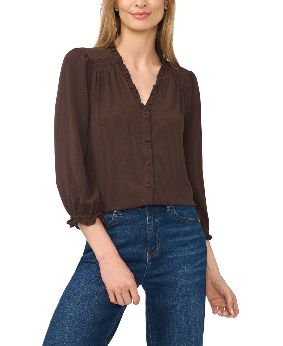 Click here for CeCe Womens Ruffled Button-Front 3/4-Sleeve Blouse... prices